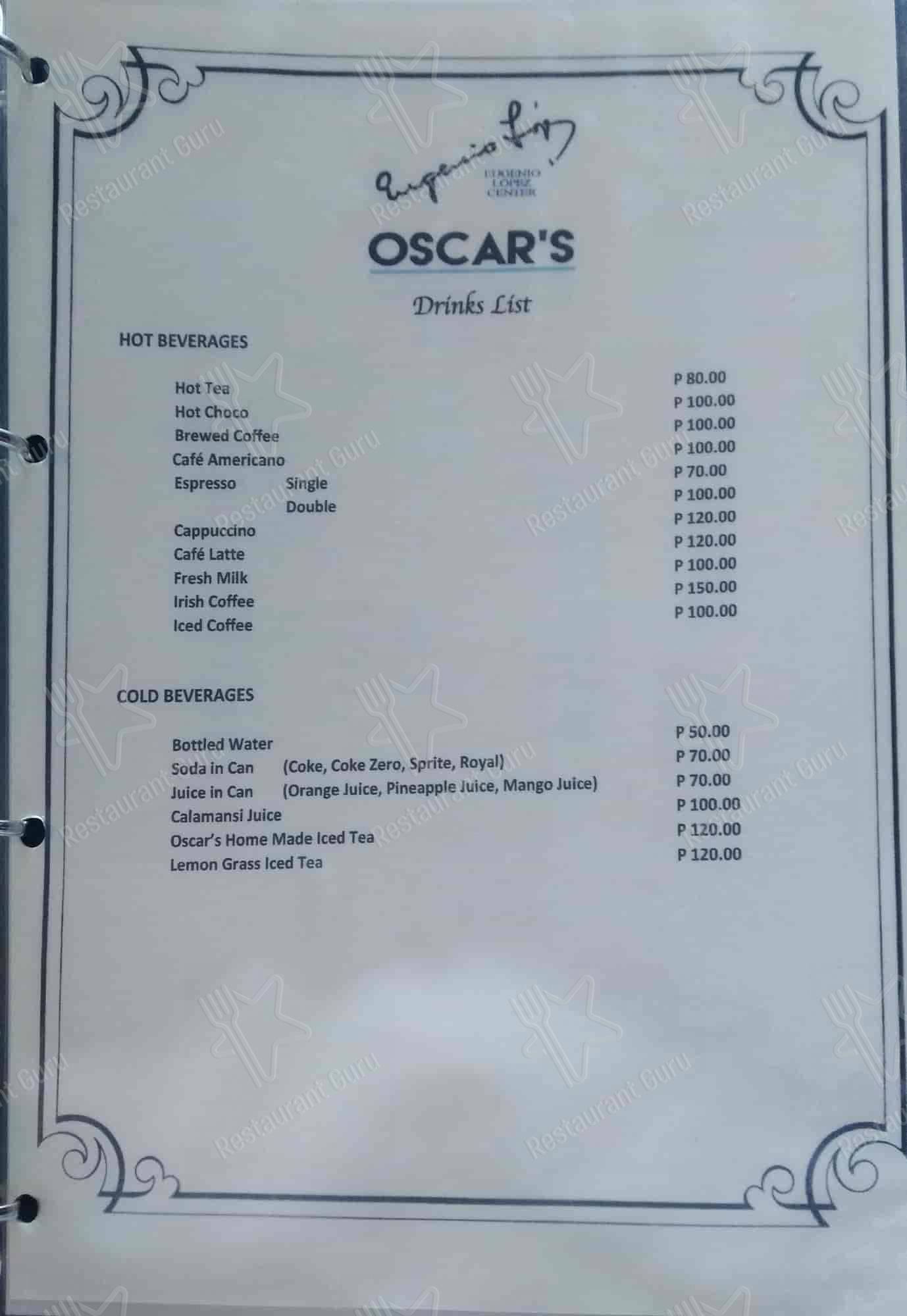 Menu at Oscar’s restaurant, Antipolo