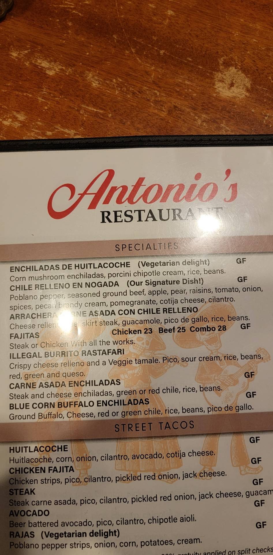 Menu at Antonio's The Taste of Mexico restaurant, Taos