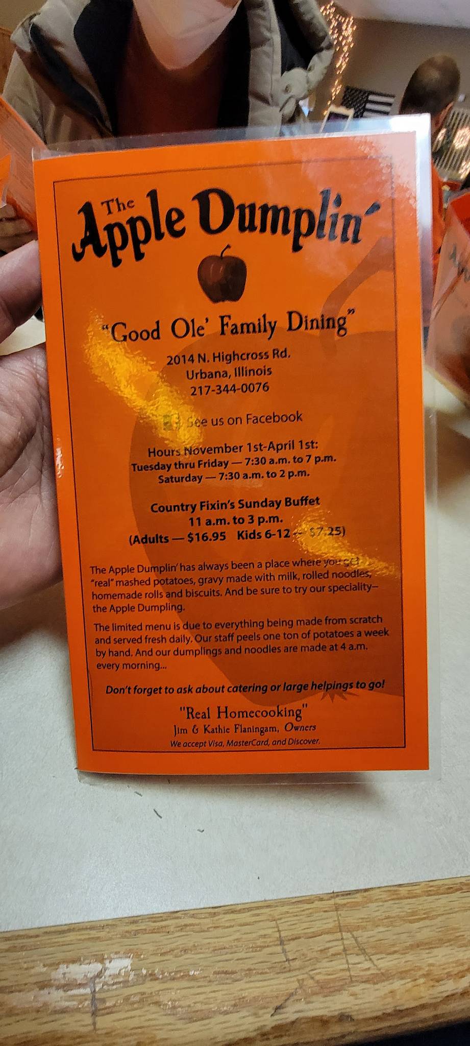Menu at Apple Dumpling restaurant, Urbana