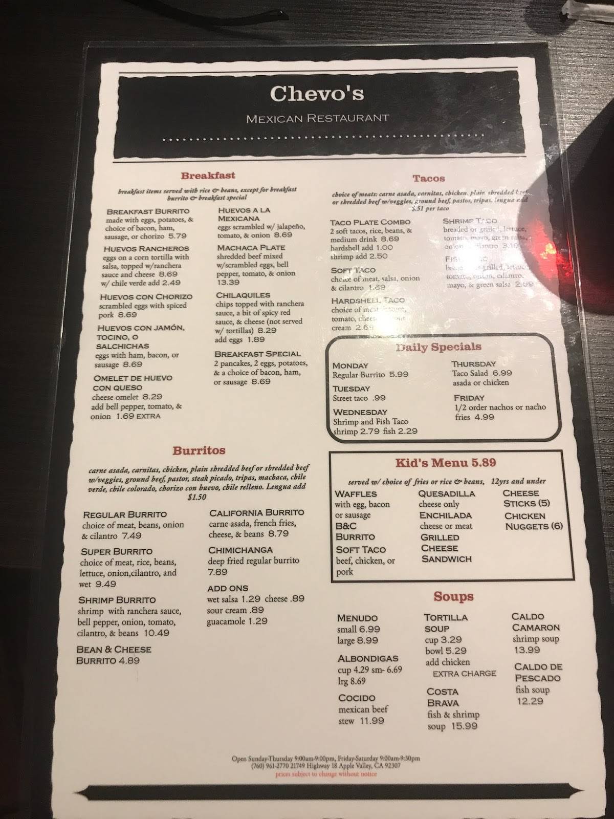 Menu at Chevo's Mexican Restaurant Inc, Apple Valley