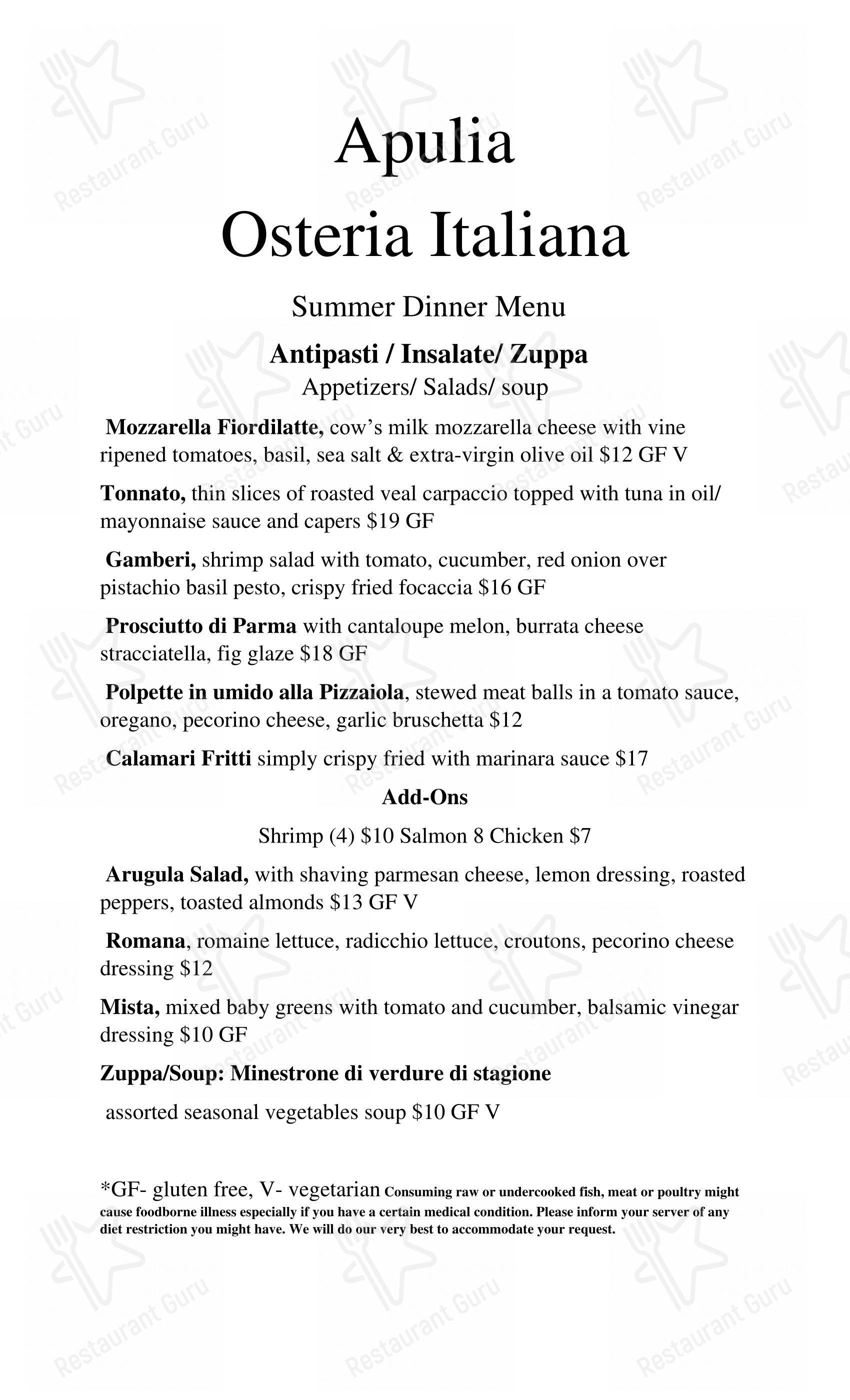 Menu at Apulia Osteria Italiana desserts, Placida, Placida Rd #15