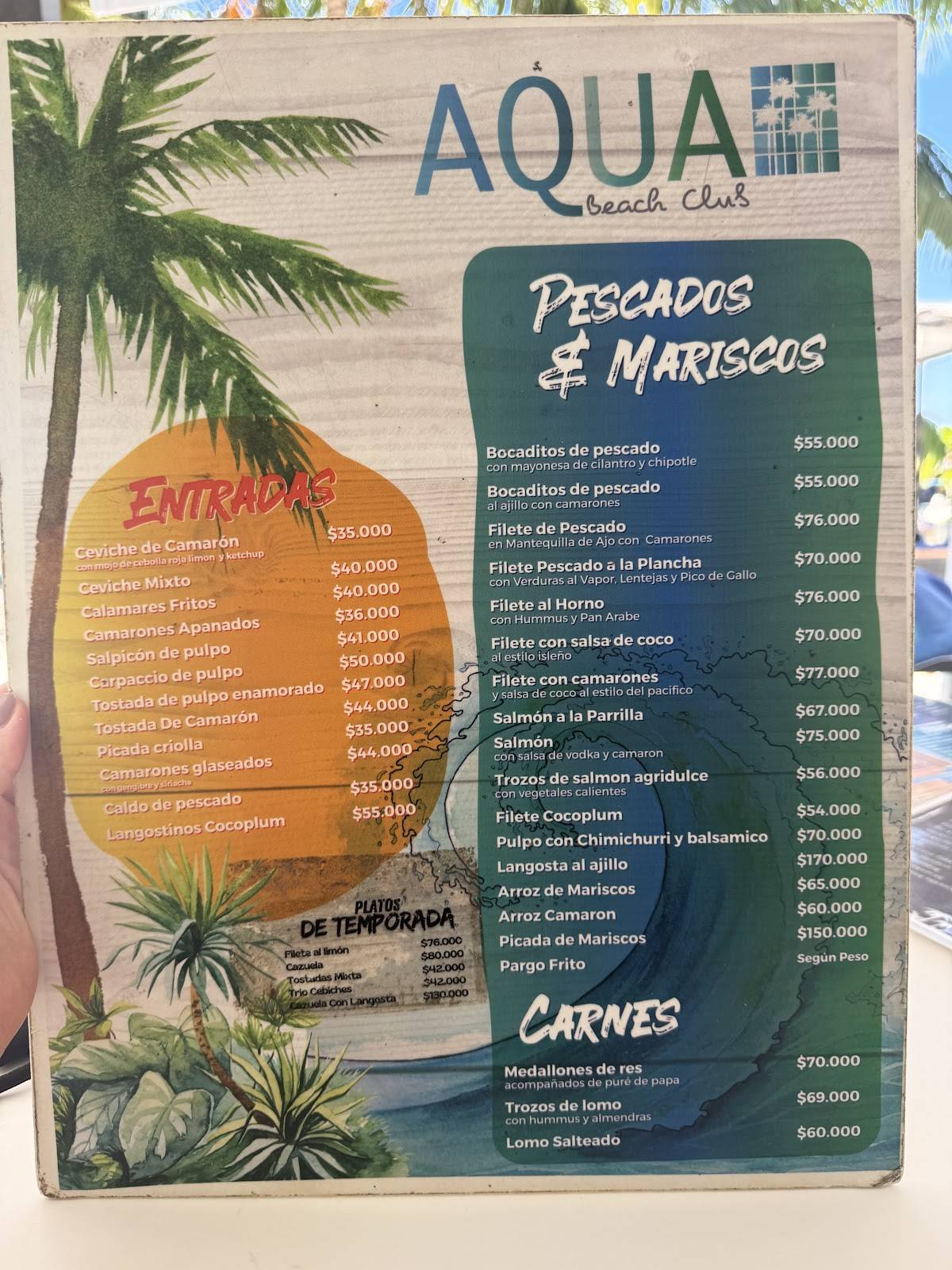 Carta de Aqua Beach Club, San Andrés