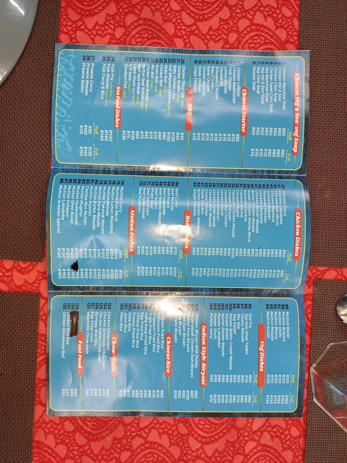 Menu at Arabian Restaurant, Lenasia