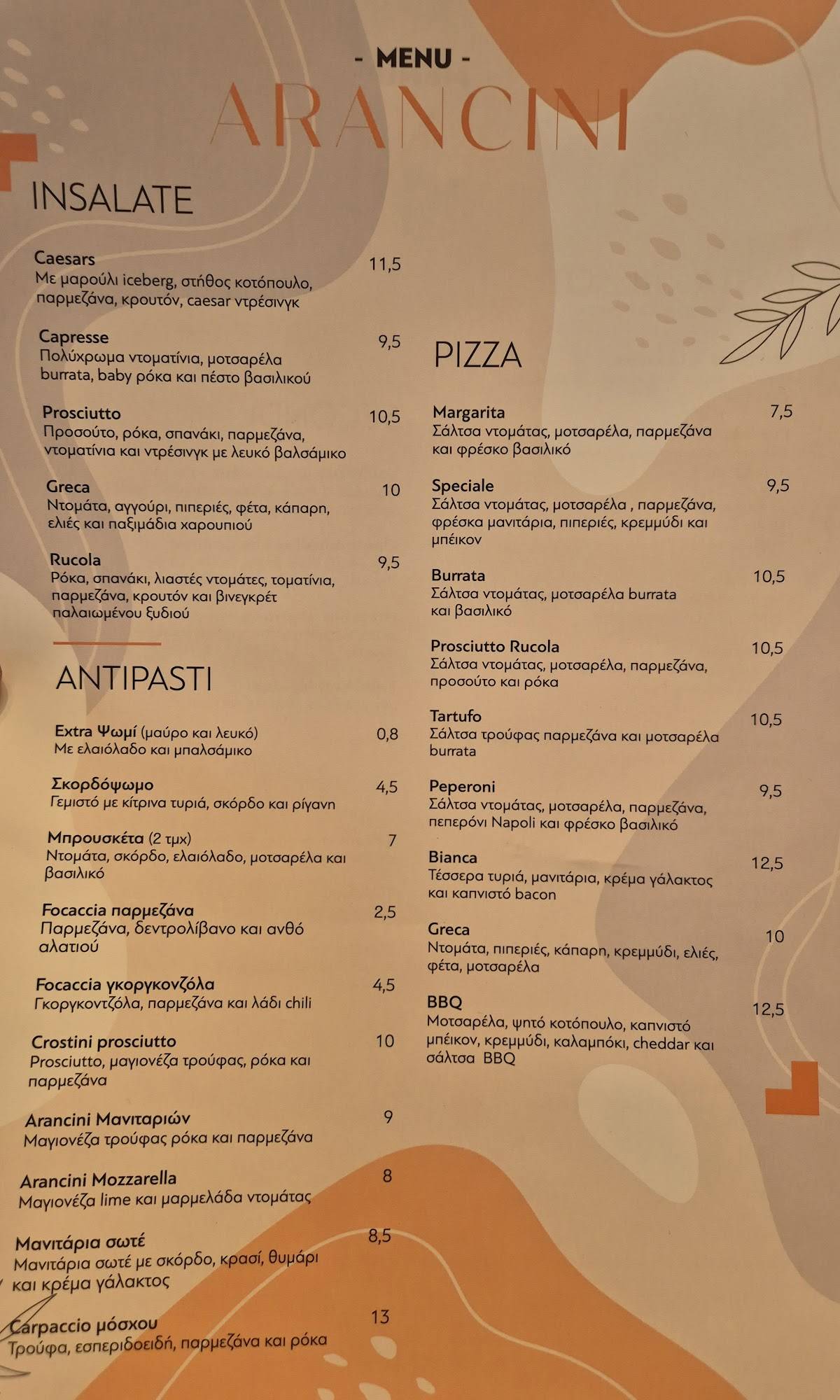 Menu at Arancini - Restaurant, Pallini