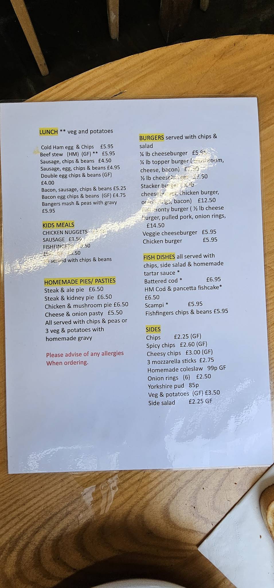 Menu at Archie-Lilys Cafe, Churchstoke