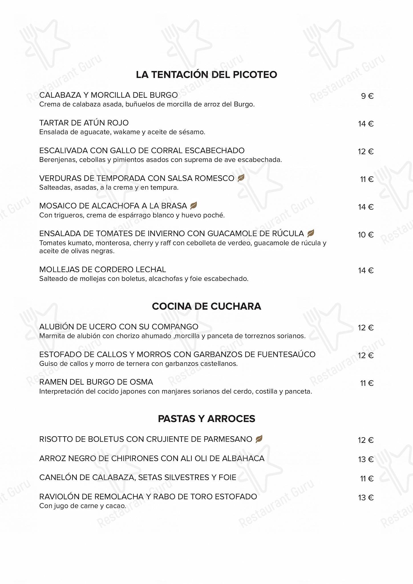 Carta del restaurante Castilla Termal Burgo del Osma, Ciudad del Osma