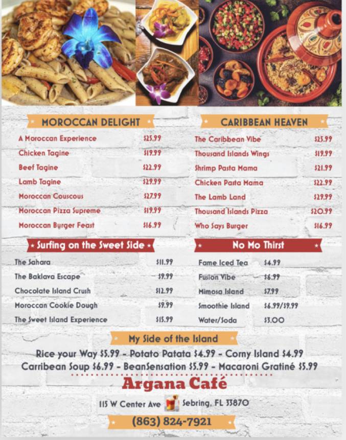 Menu at Argana Café - Where Morocco meets the Caribbean restaurant, Sebring