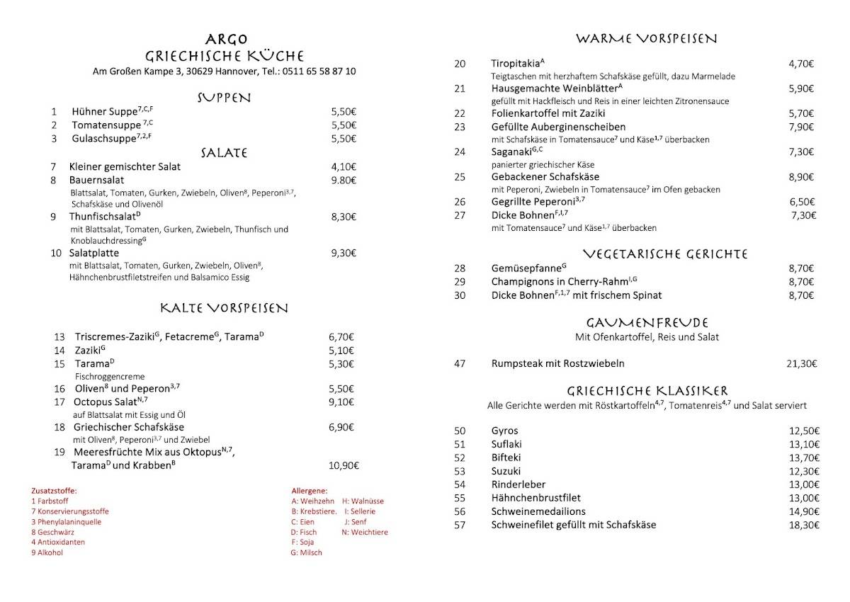 Speisekarte von Argo restaurant, Hannover