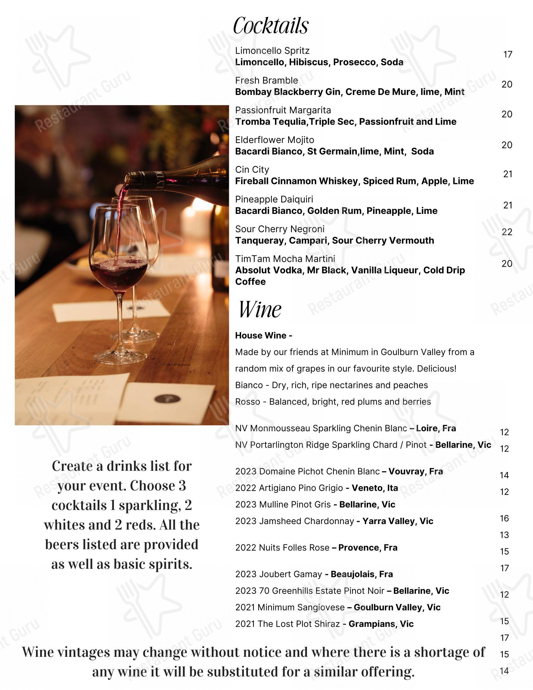 Menu at Arlo Wine Bar, Portarlington
