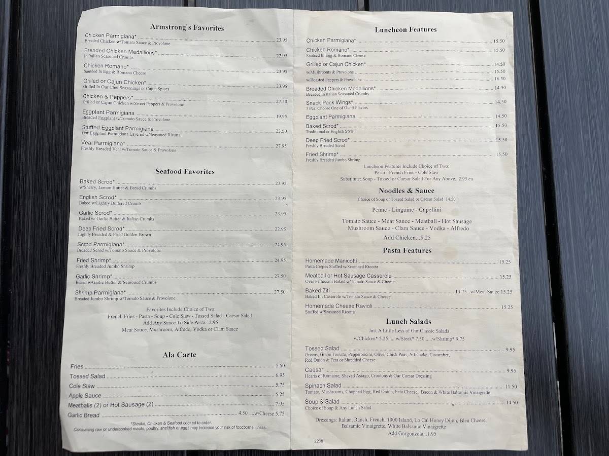 Menu at Armstrong's Express restaurant, Bridgeville