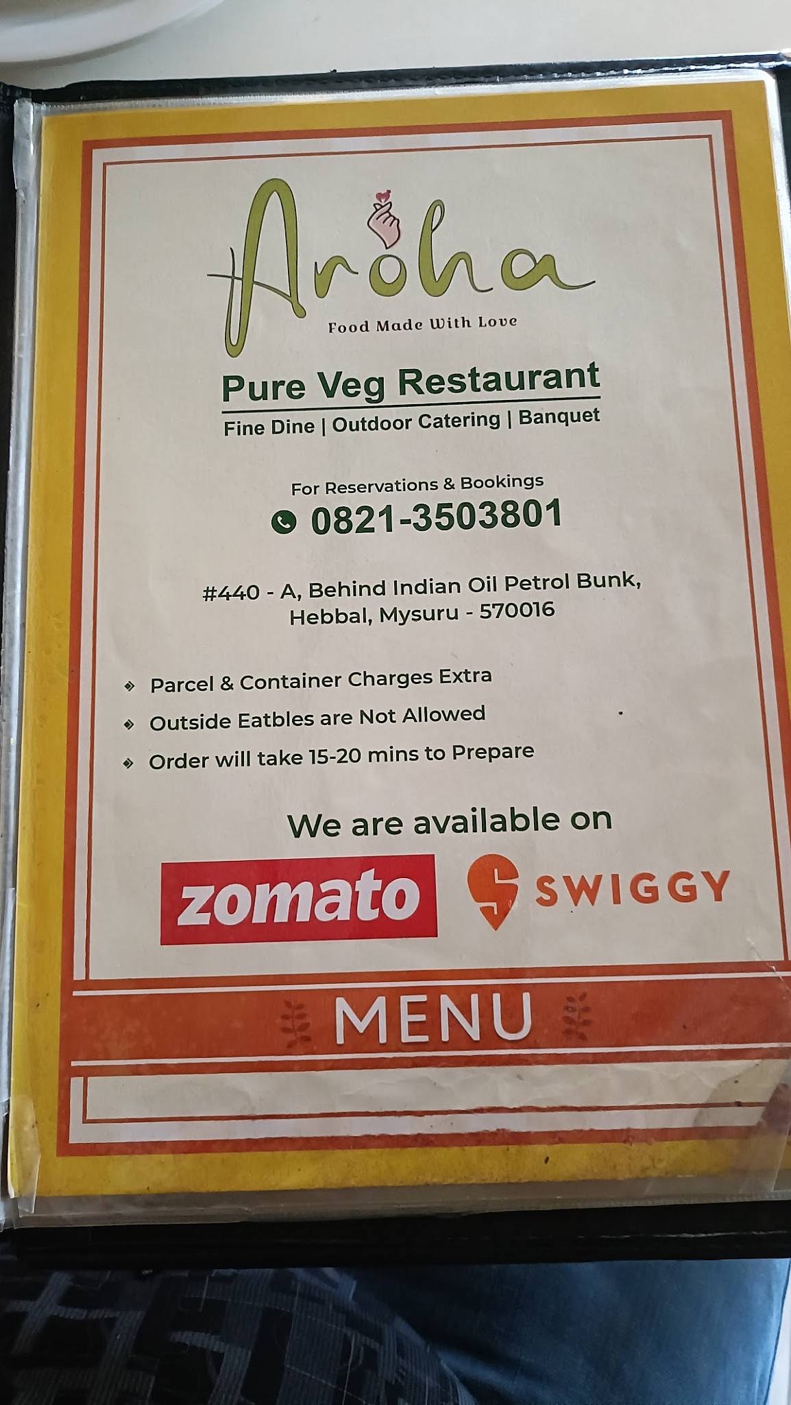 Menu at Aroha Veg Restaurant, Mysuru