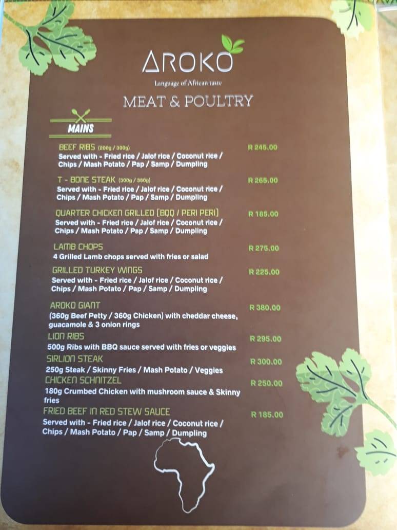 Menu at Aroko restaurant, Cape Town