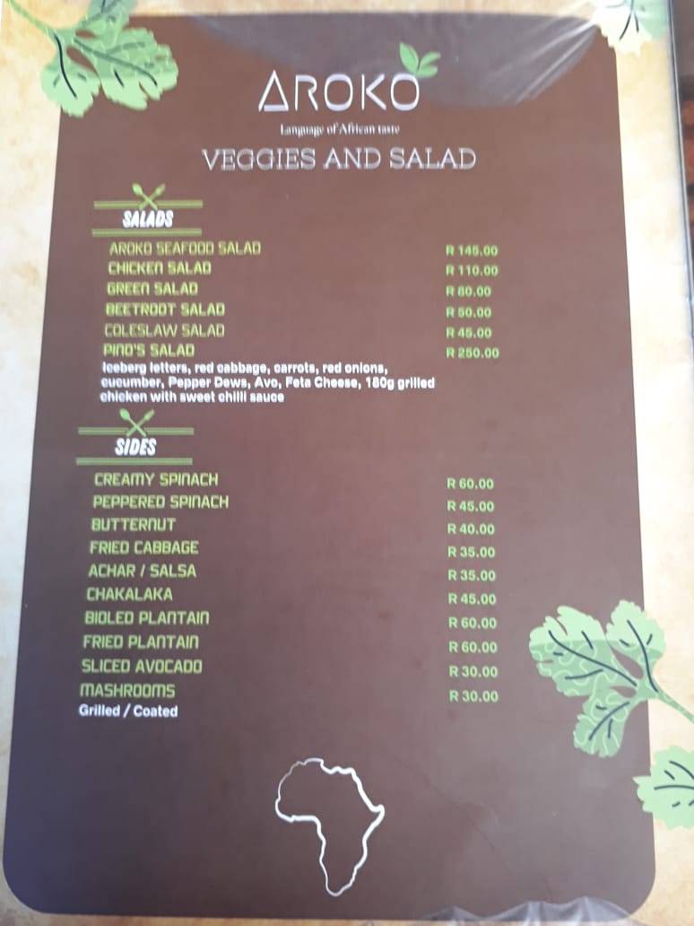 Menu at Aroko restaurant, Cape Town