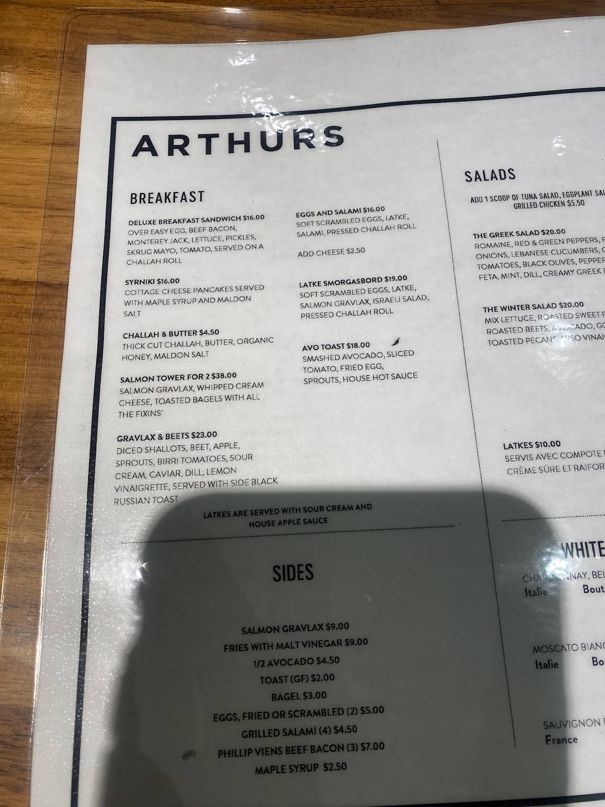 Menu at Arthur's Nosh Bar (Le Cathcart), Montréal