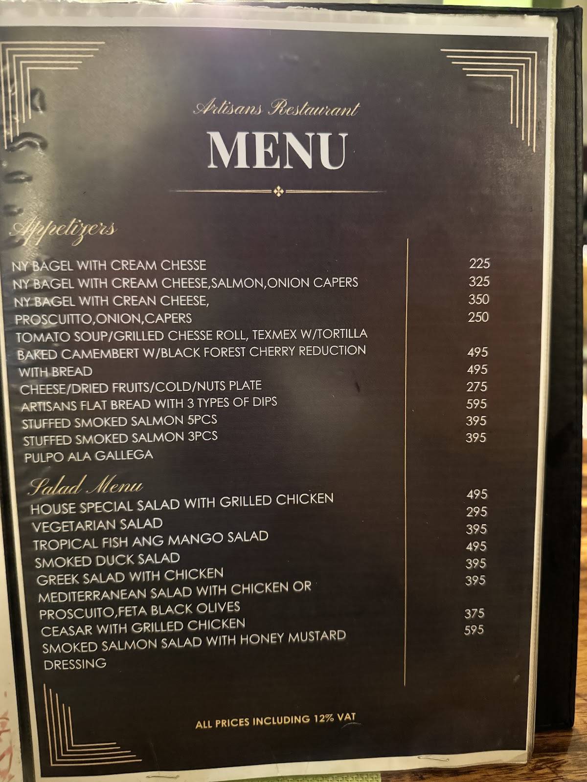Menu at Artisans steakhouse, Puerto Princesa, Rizal Avenue