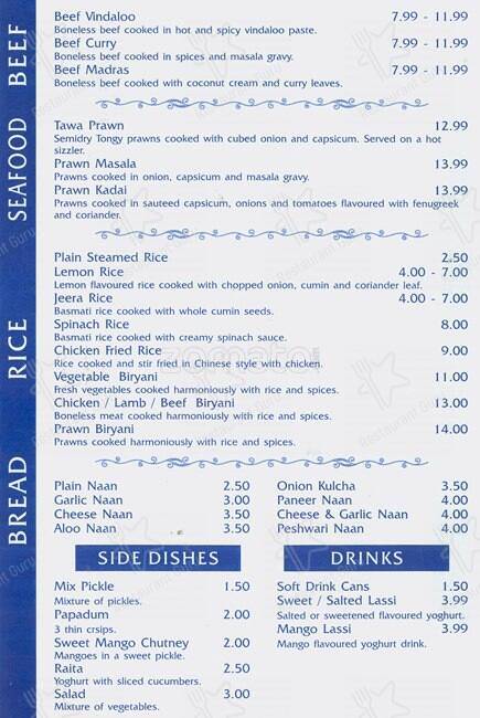 Menu at Aruna Indian Cuisine cafe, Auckland