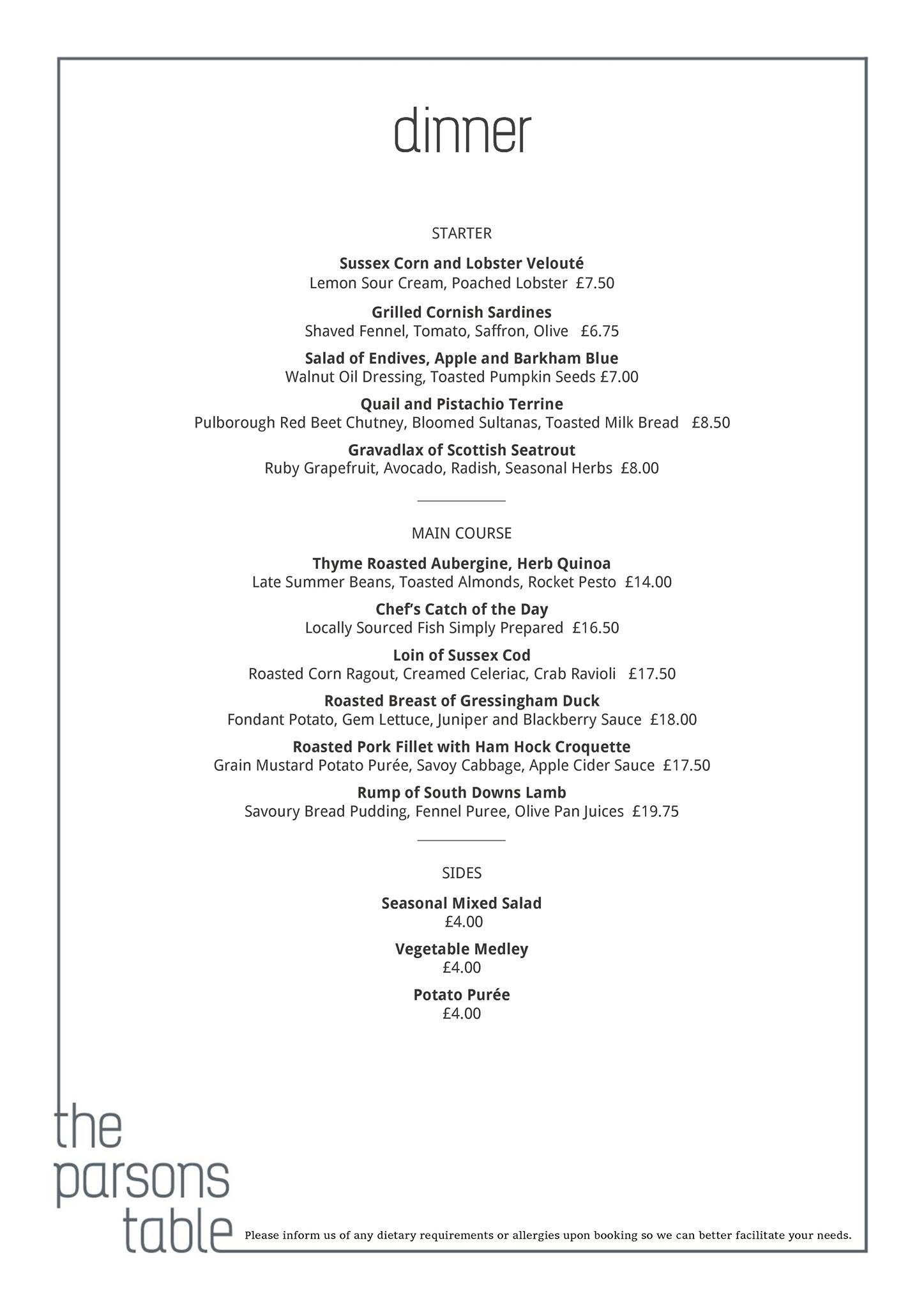 Menu at The Parsons Table restaurant, Arundel