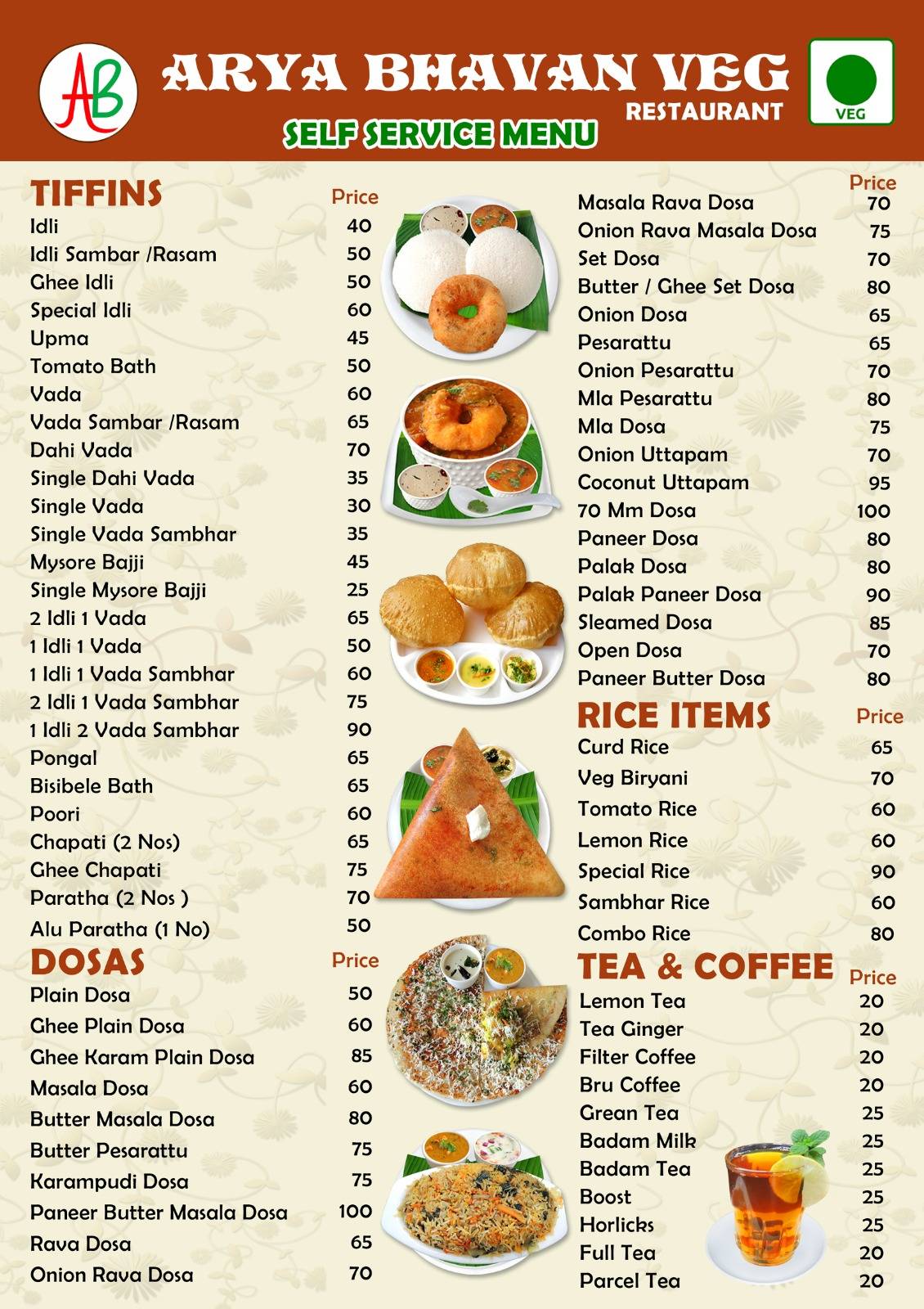 Menu at Arya Bhavan Veg, Hyderabad, 1145 RajBhavan