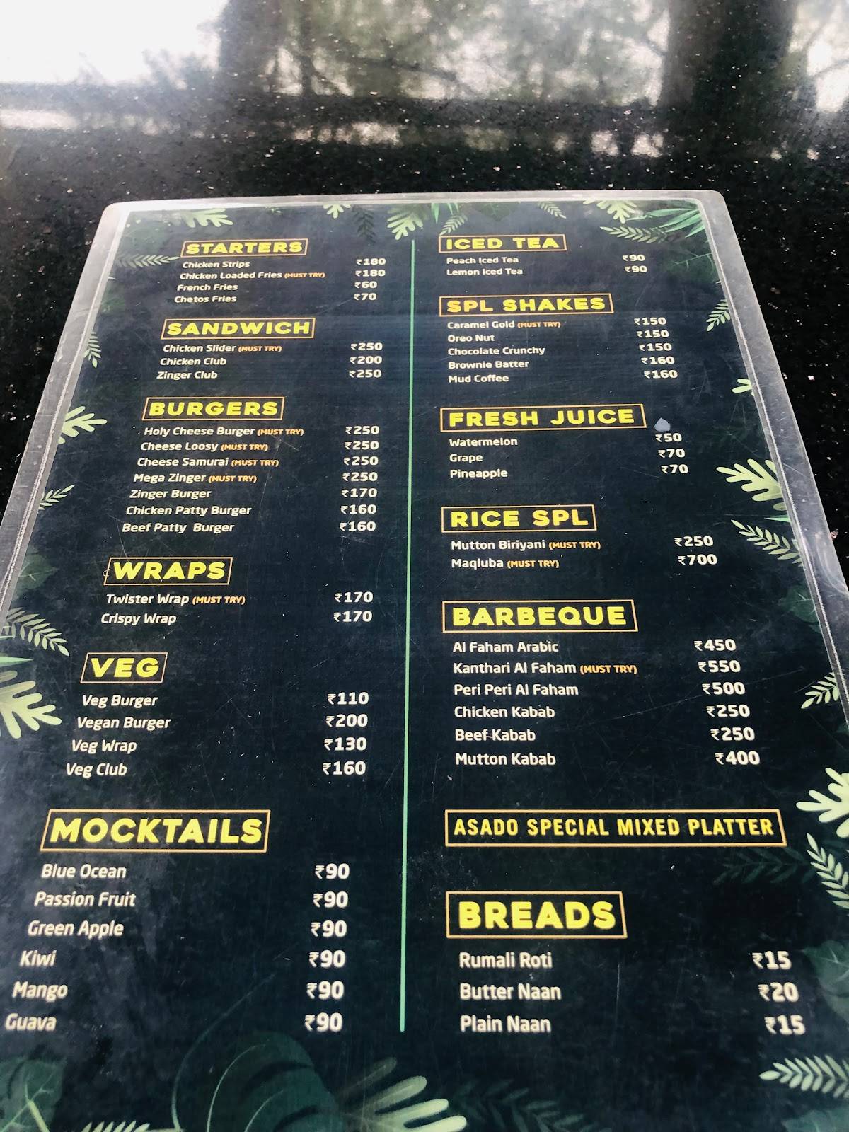 Menu at Asado Cafe, Kollam