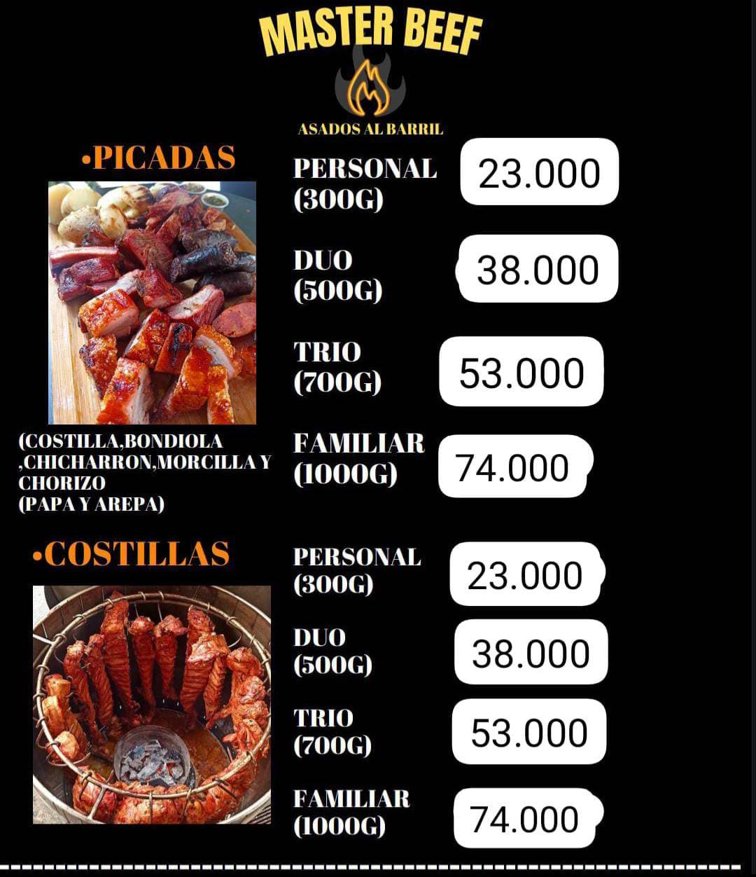 Menu at Asados barril Master beef, Colombia
