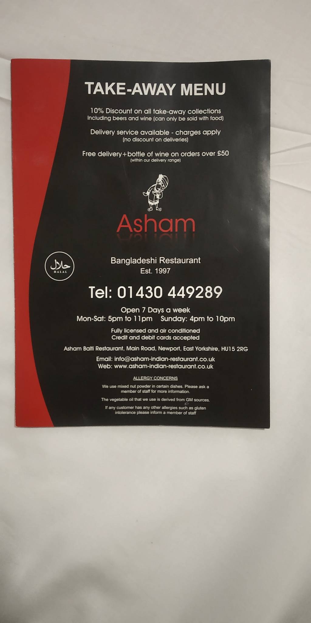 Menu at Asham restaurant, England