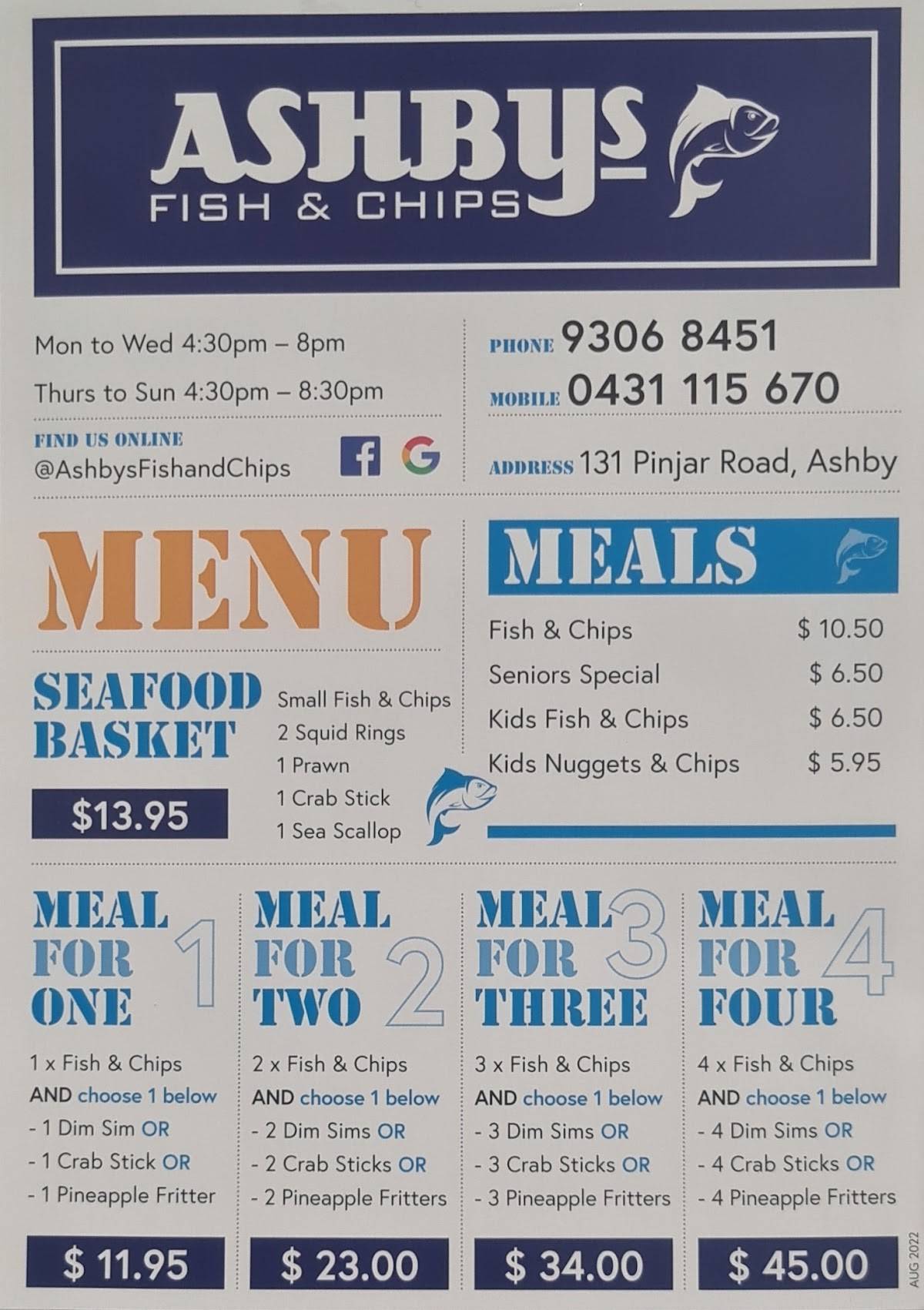 Carta del restaurante Ashby's Fish and Chips, Ashby