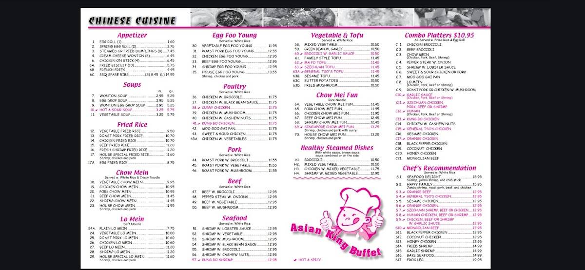 Menu at Asian King Chinese & Sushi Buffet restaurant, Franklin