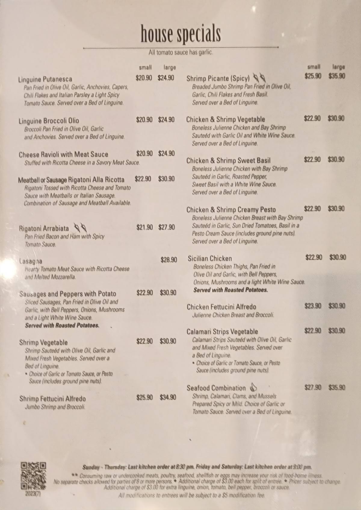 Menu at Assaggio restaurant, Honolulu, Ala Moana Blvd Suite 1259