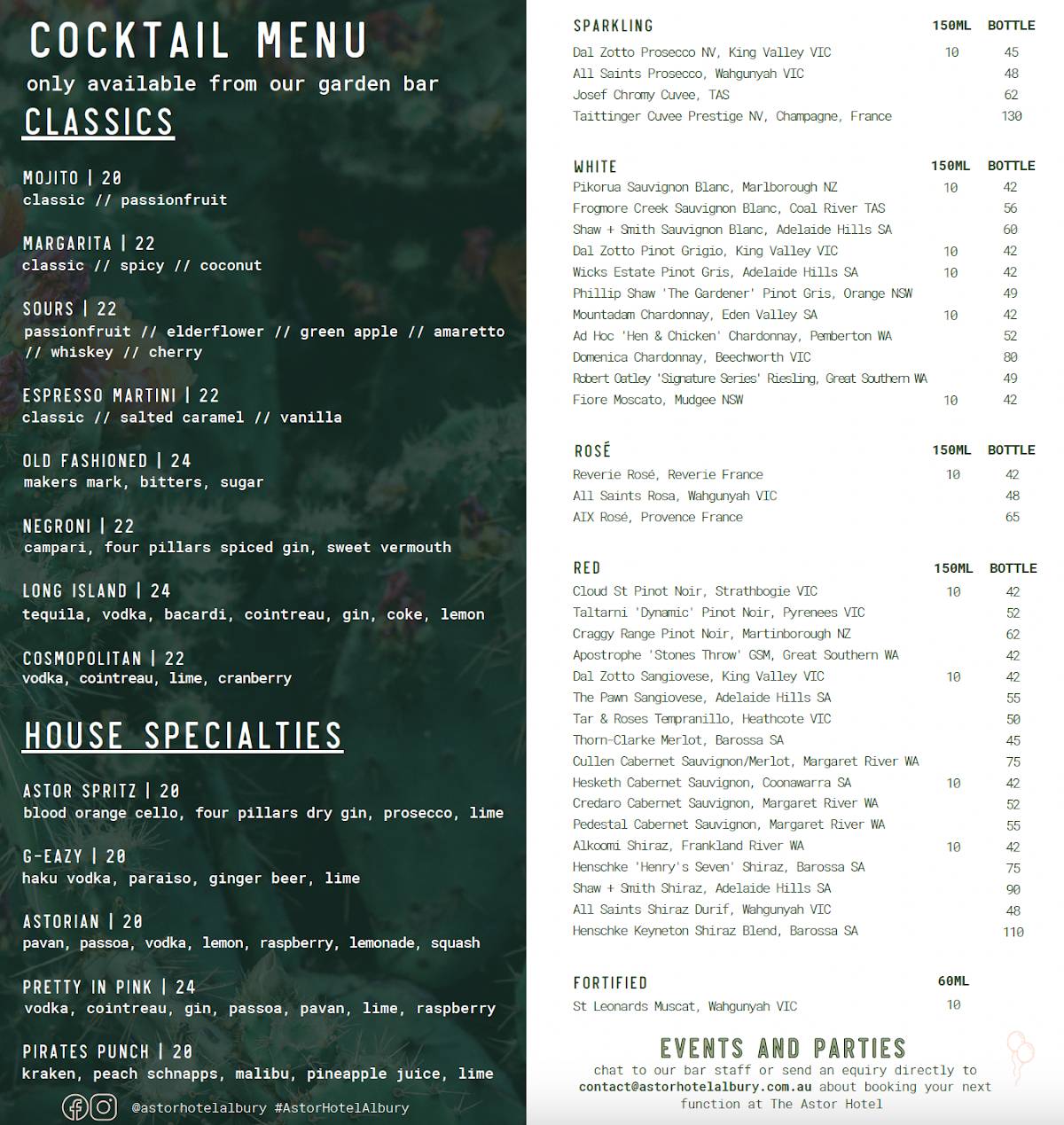 Menu at Astor Hotel Albury pub & bar, Albury