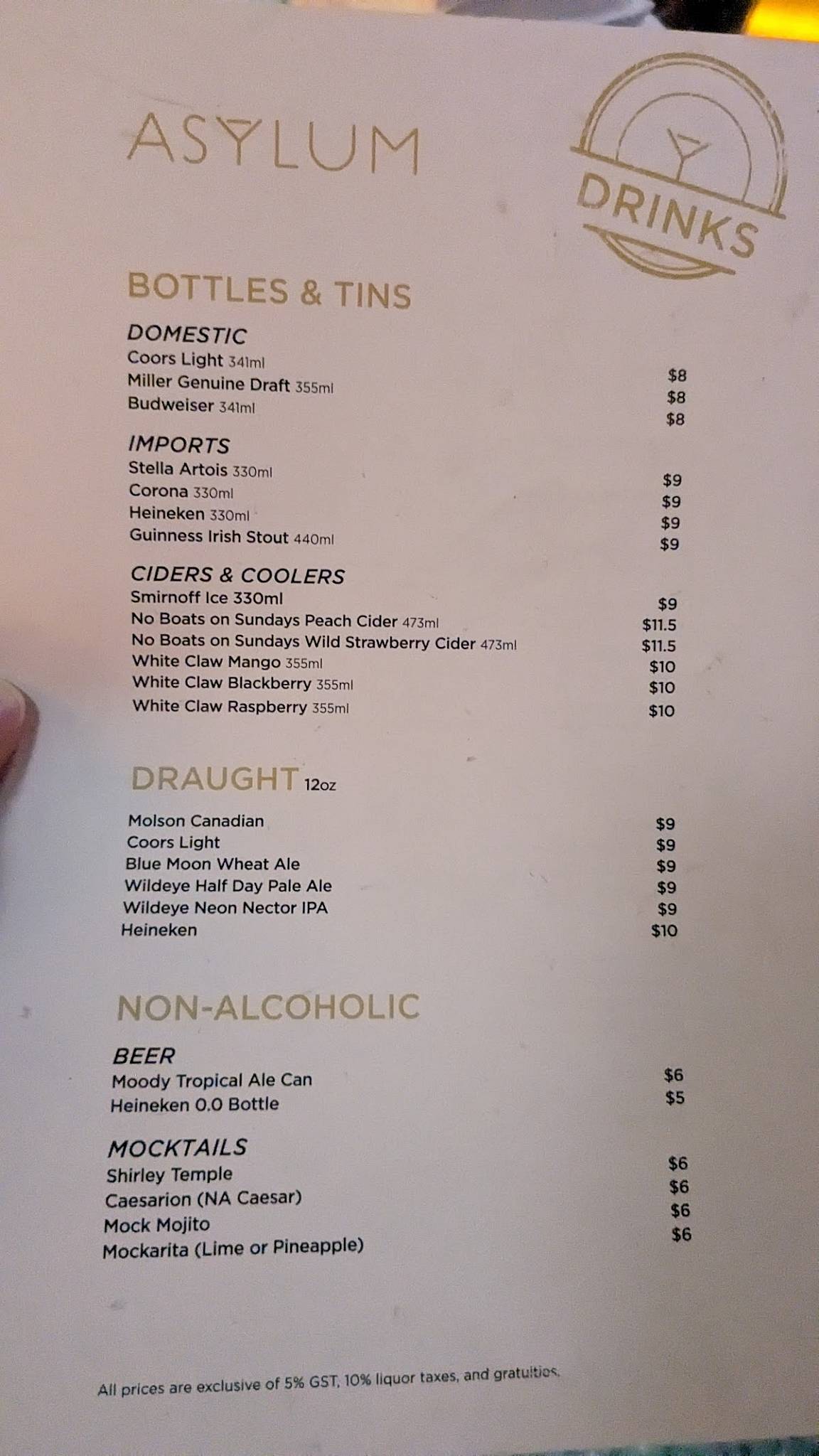 Menu at Asylum Restaurant, Coquitlam