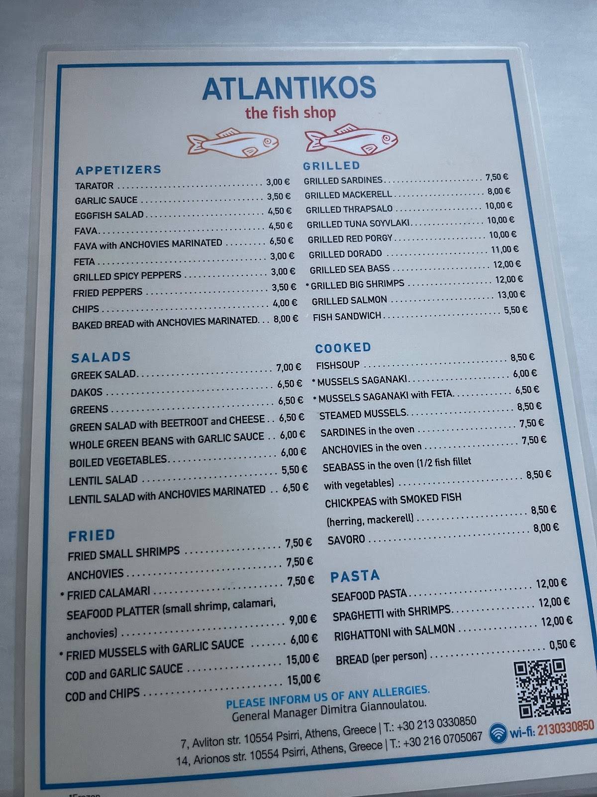 Menu at Ristorante Atlantikos, Athens