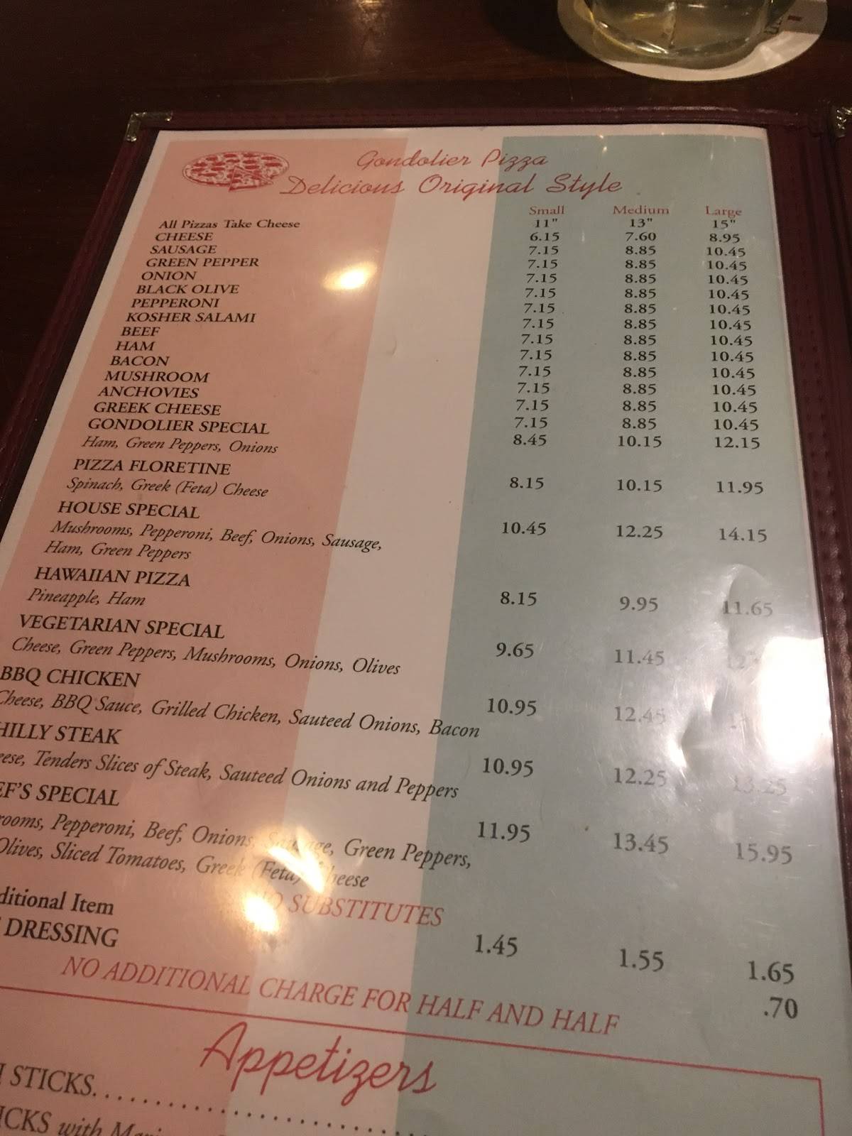 Menu at Gondolier Pizza & Steak House steakhouse, Athens