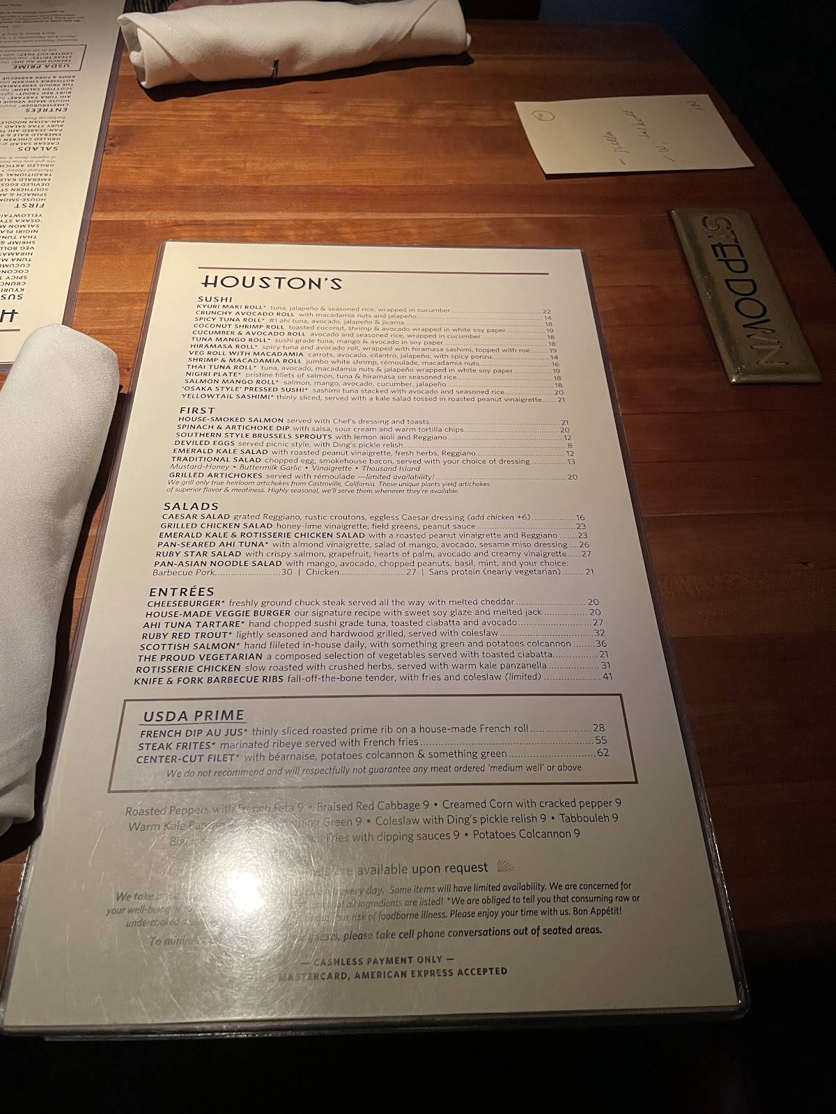 Menu at Houston's steakhouse, Atlanta, Peachtree Rd