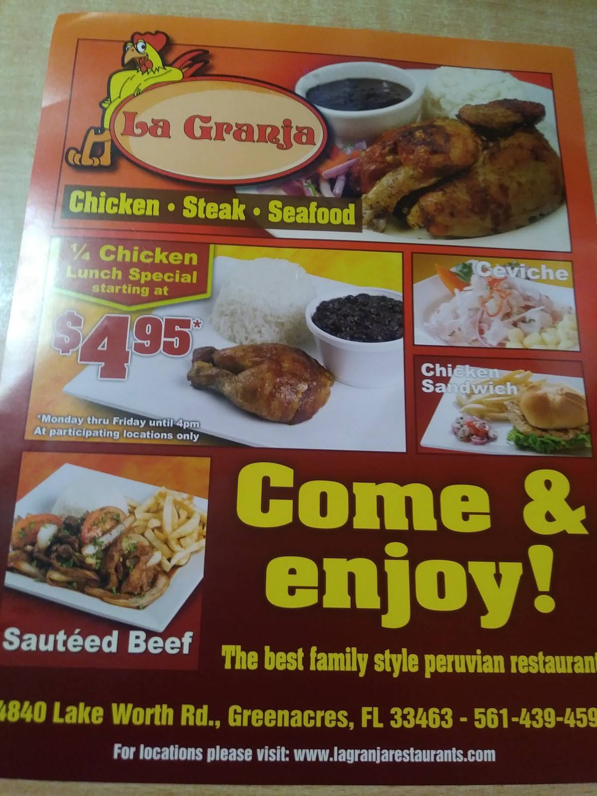 Menu at La Granja restaurant, Greenacres, Lake Worth Rd