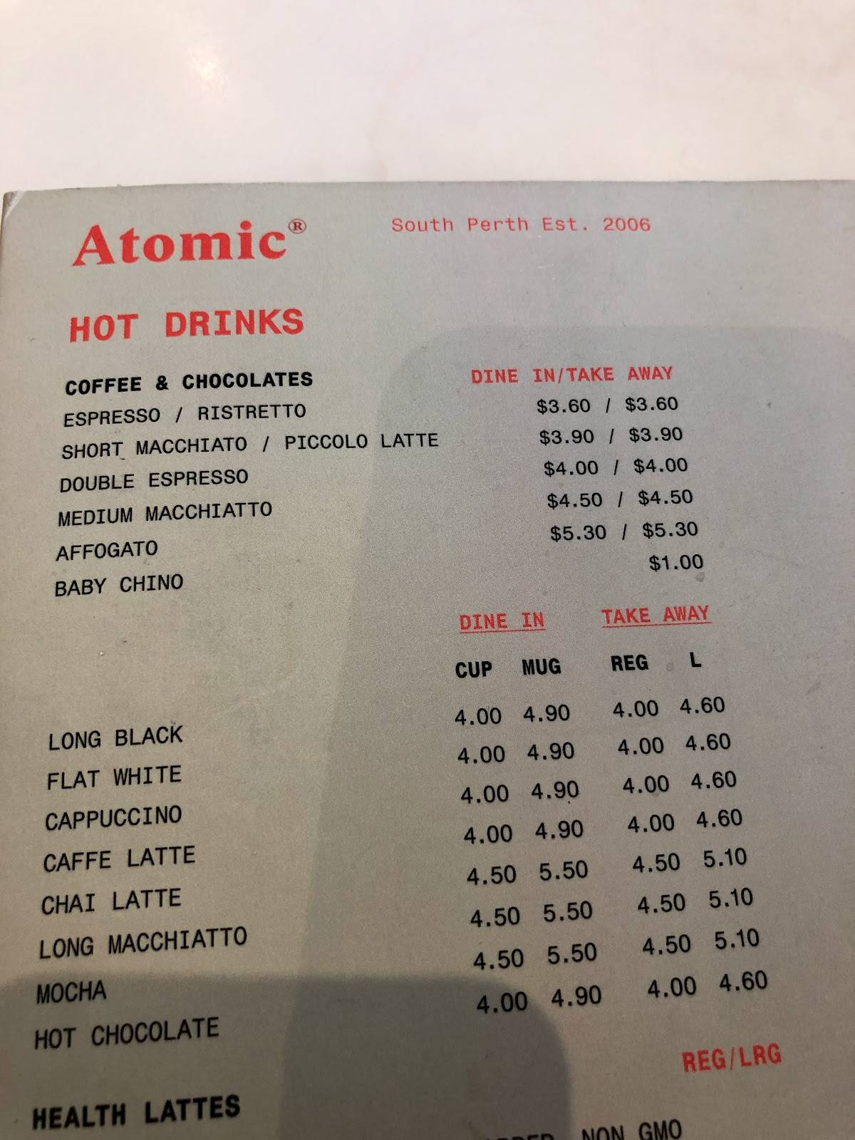 Menu at Atomic cafe, South Perth