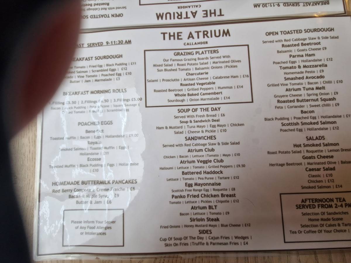 Menu at Atrium Cafe Restaurant, Callander