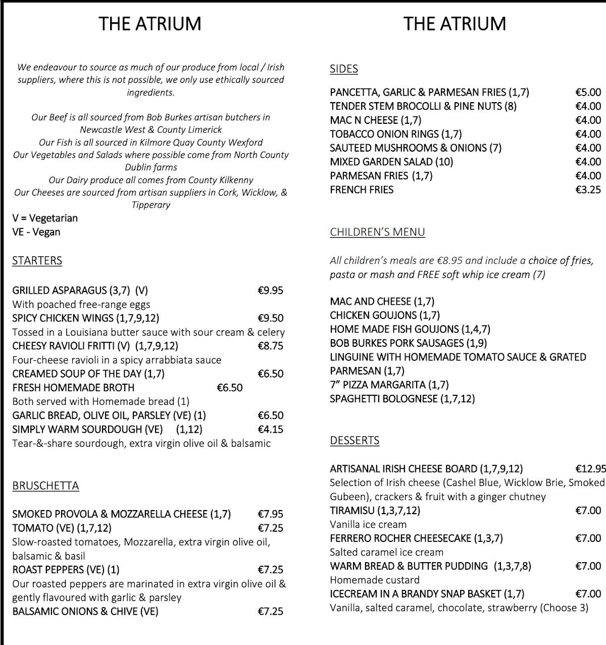 Carta de Atrium Restaurant & Bar at Red Cow Moran Hotel, Dublin