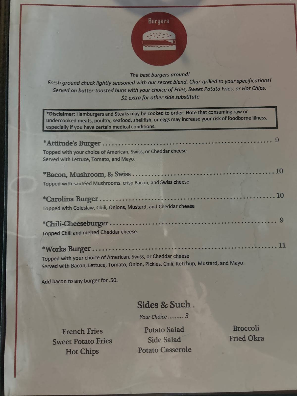 Menu at Attitudes Pub & Grille, New Bern