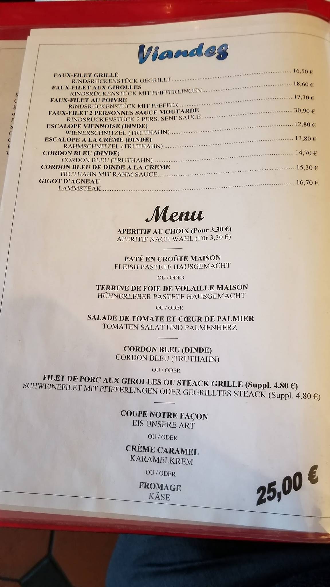 Menu at Auberge Lorraine restaurant, Waldhouse