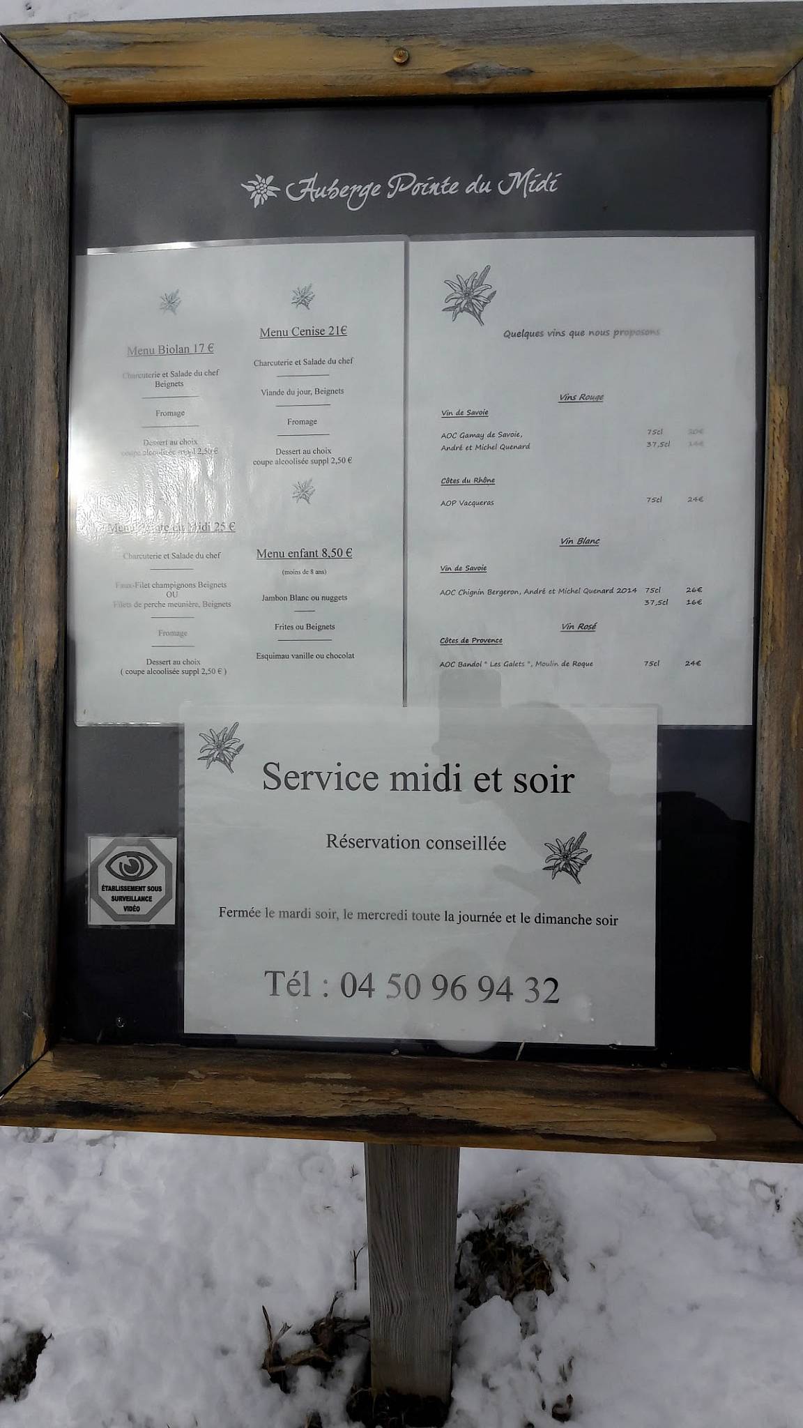 Menu au Auberge Pointe du Midi café, Mont-Saxonnex, La Pellaz
