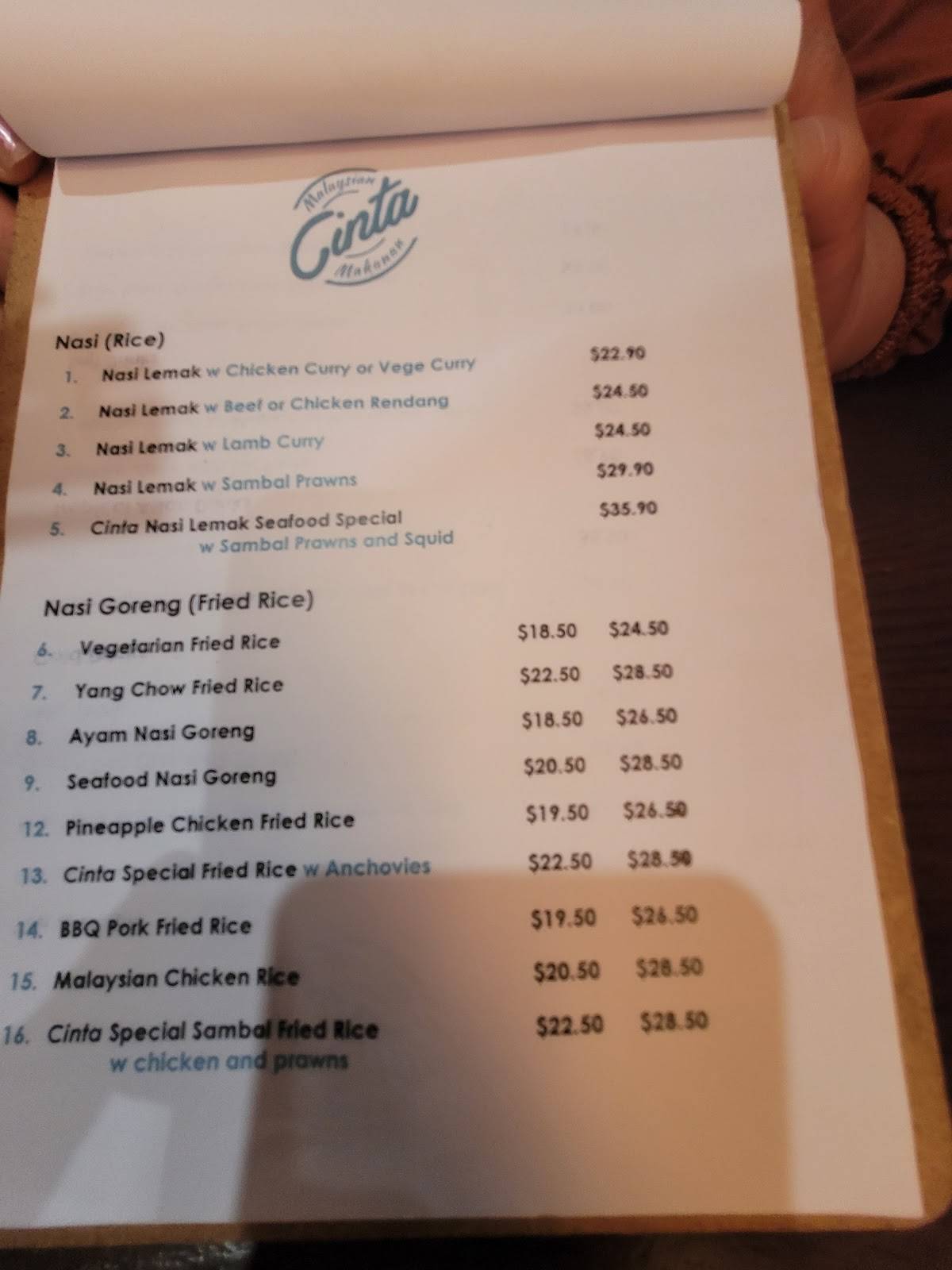 Menu at Cinta Malaysian Restaurant Albany, Auckland