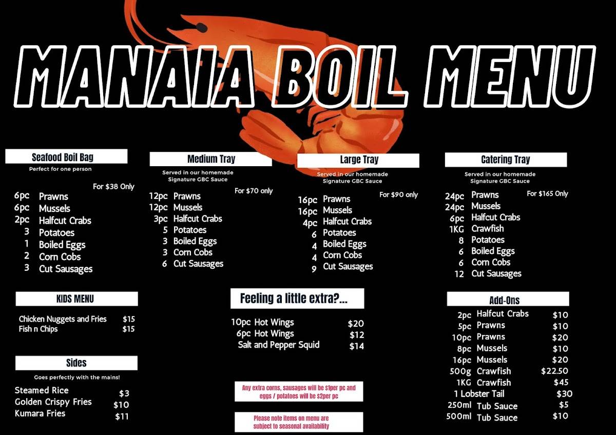 Menu at Manaia Seafood Boil restaurant, Auckland
