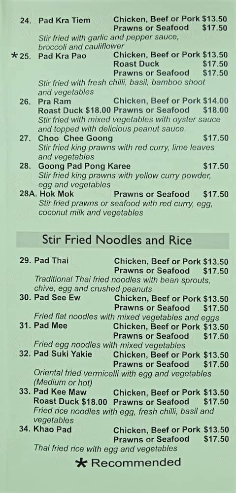 Menu at Pad Thai restaurant, Auckland, 96 Glengarry Rd