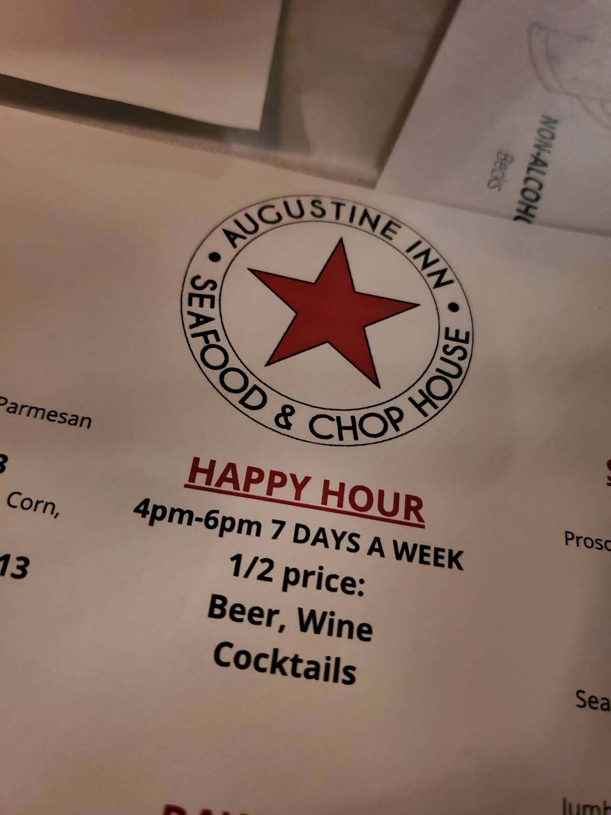 Menu at Augustine Inn Seafood & Chop House restaurant, Port Penn