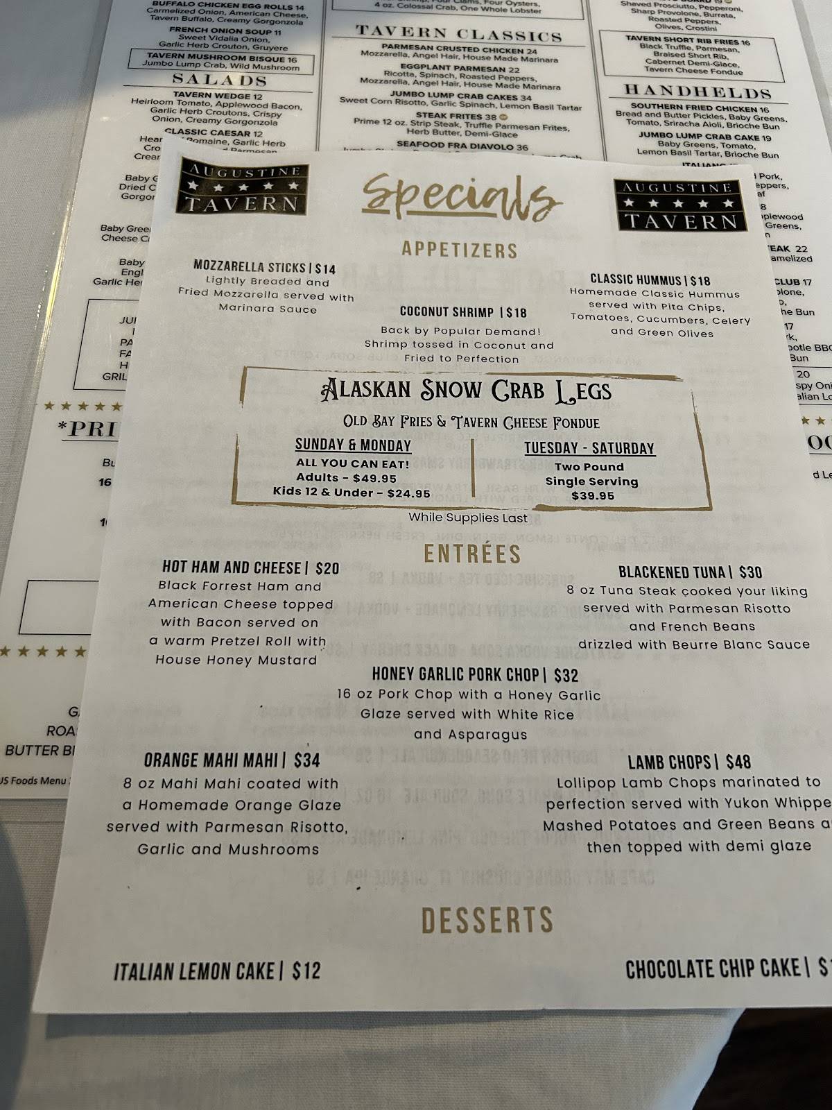 Menu at Augustine Tavern restaurant, Port Penn