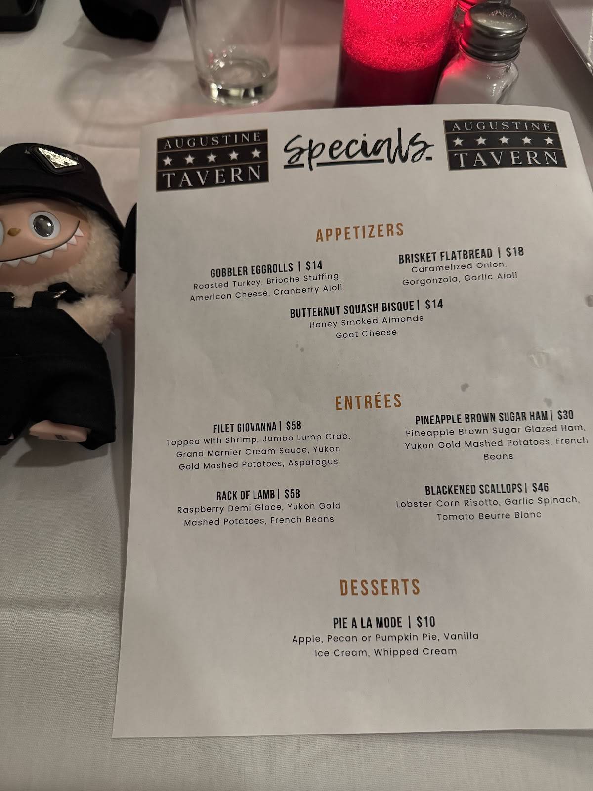 Menu at Augustine Tavern restaurant, Port Penn