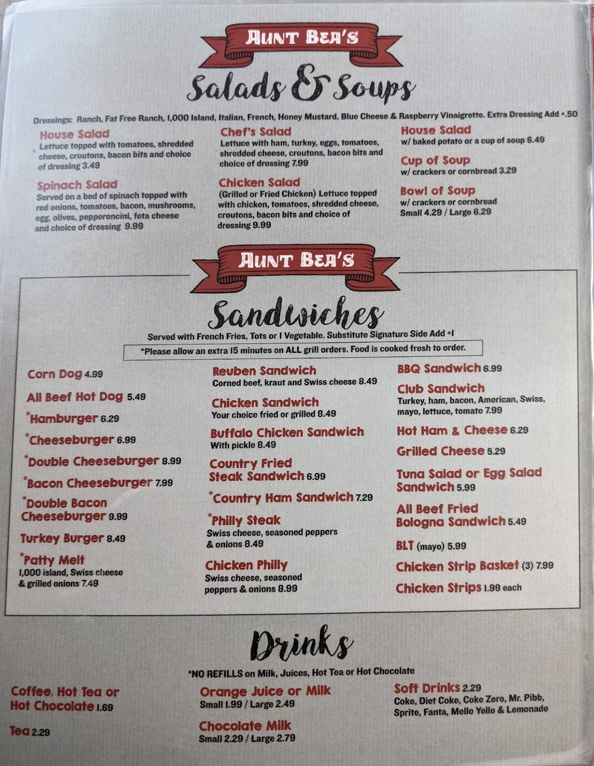 Menu at Aunt Bea's Home Cooking restaurant, Greeneville