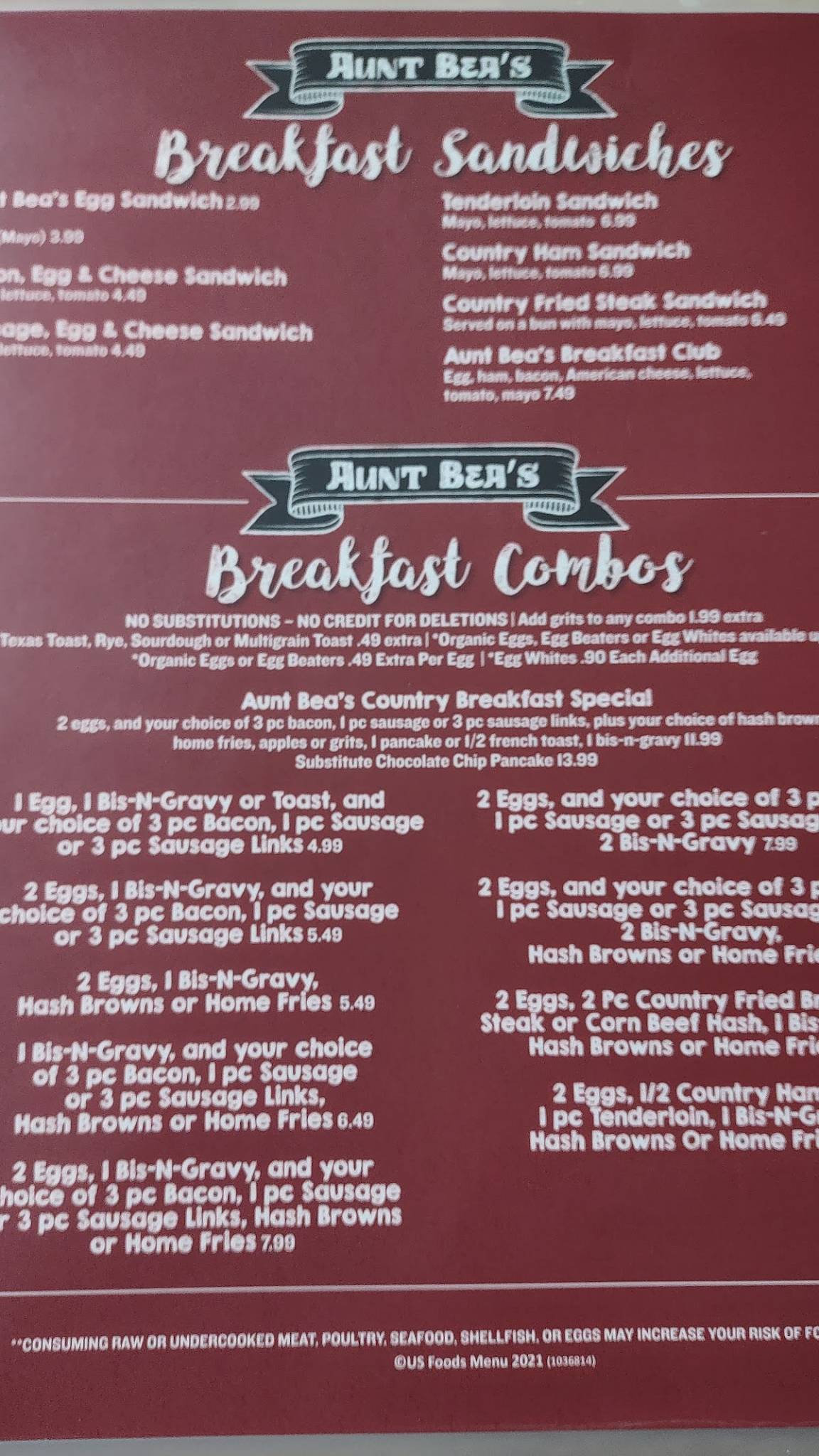 Menu at Aunt Bea's Home Cooking restaurant, Greeneville