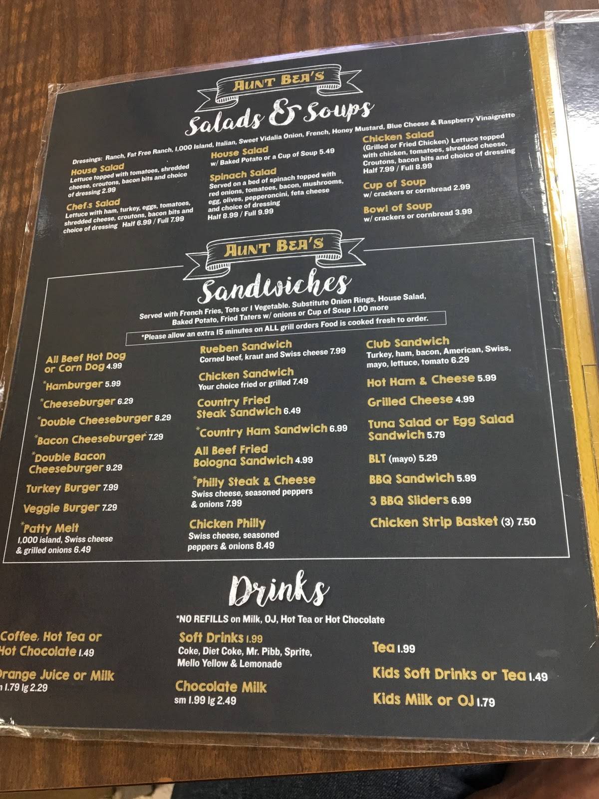Menu at Aunt Bea's Home Cooking restaurant, Greeneville