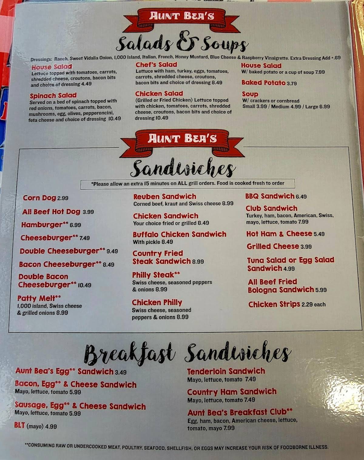 Menu at Aunt Bea's Home Cooking restaurant, Greeneville
